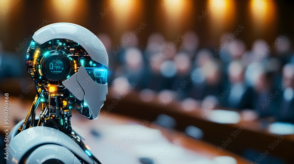 A futuristic robot standing in front of a panel of judges, constrained ...