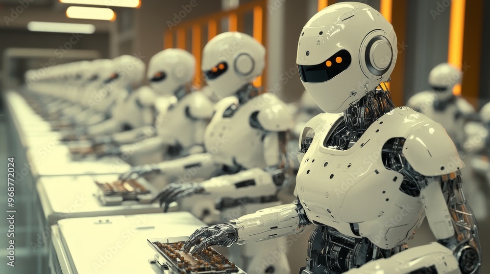 AI-driven, fully automated manufacturing plant: Robots assembling ...