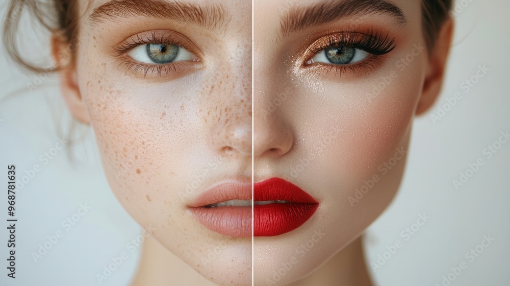Beauty Duality: Woman's Face Showcasing Half with No Makeup and Half ...