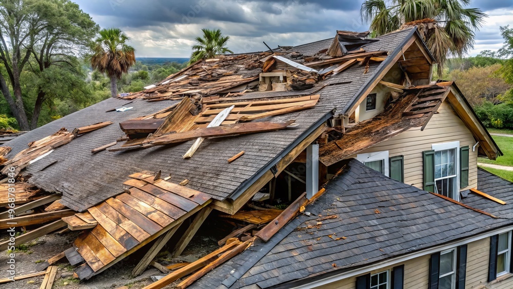 A roof severely damaged by hurricane-force winds lies in disarray ...