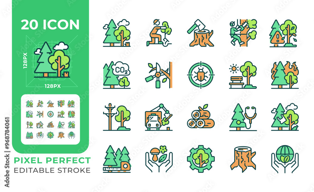 Tree services RGB color icons set. Forestry and logging. Tree care ...