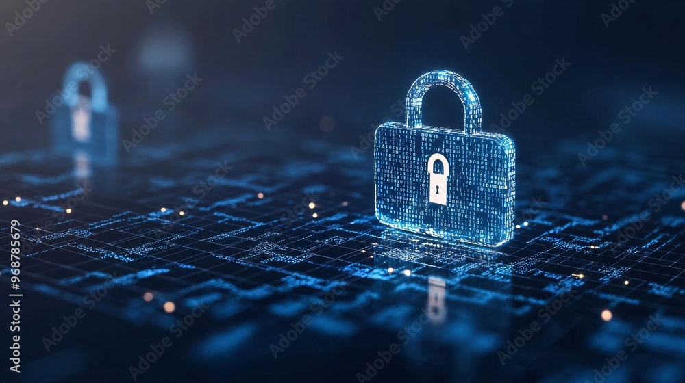 Digital matrix filled with encrypted code floating locks and shields symbolizing cybersecurity ...
