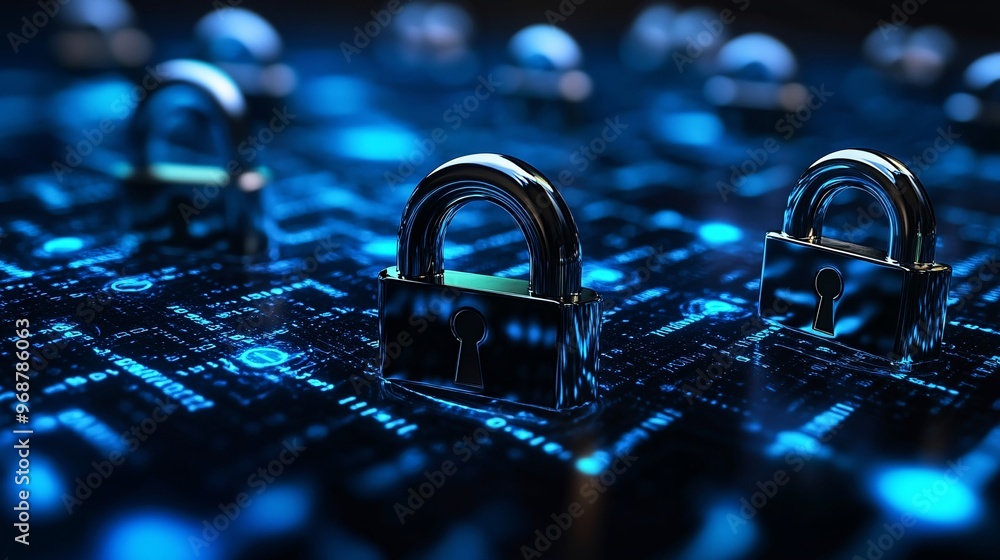 Cybersecurity code matrix with flowing green and blue digital data ...