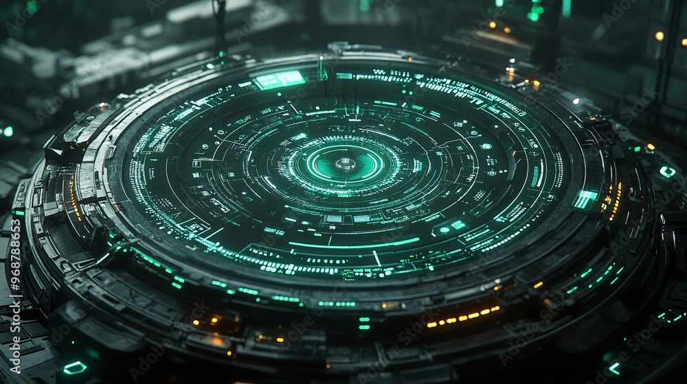 Futuristic holographic interface with floating transparent buttons and ...