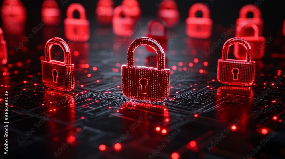 Cybersecurity matrix of encrypted data floating locks and codes in a tech-inspired dark ...