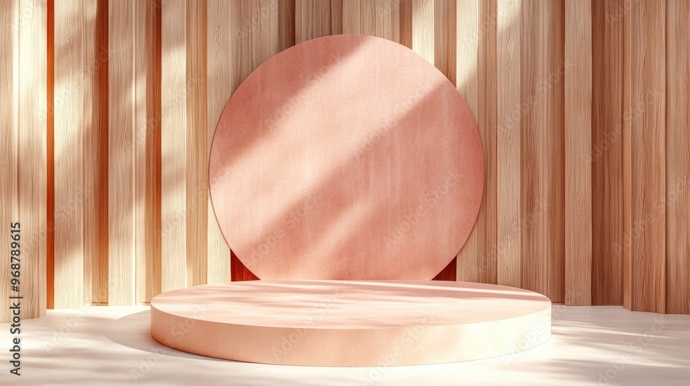 Pastel colored booth podium in a circular stage display with a table ...