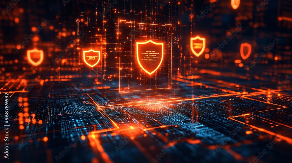 Cybersecurity-themed digital matrix with encrypted code and shield icons floating in a ...
