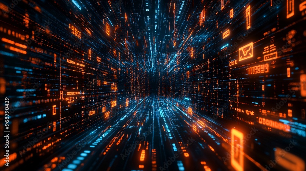 Cyber matrix with floating encrypted codes locks and shield icons representing cybersecurity and ...