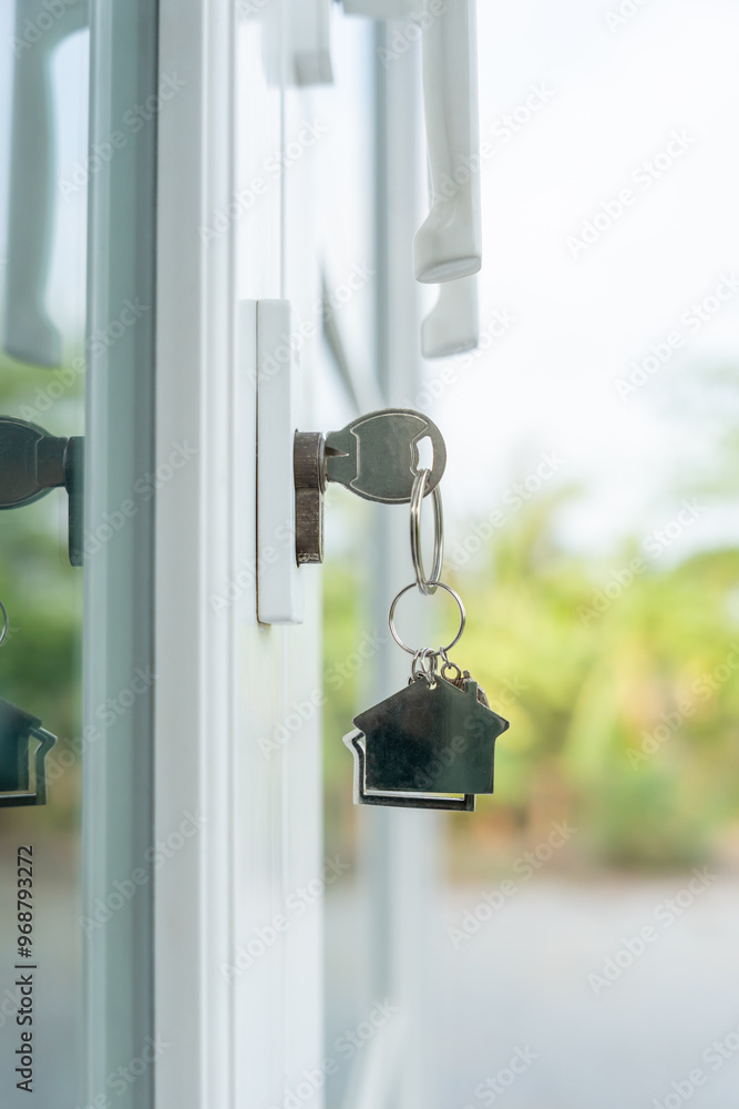 Landlord key for unlocking house is plugged into the door. Second hand ...