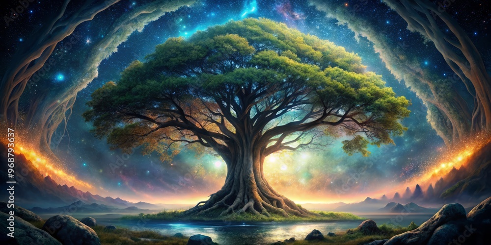 Photo "Giant ash tree Yggdrasil grows in nine worlds, roots grasping ...