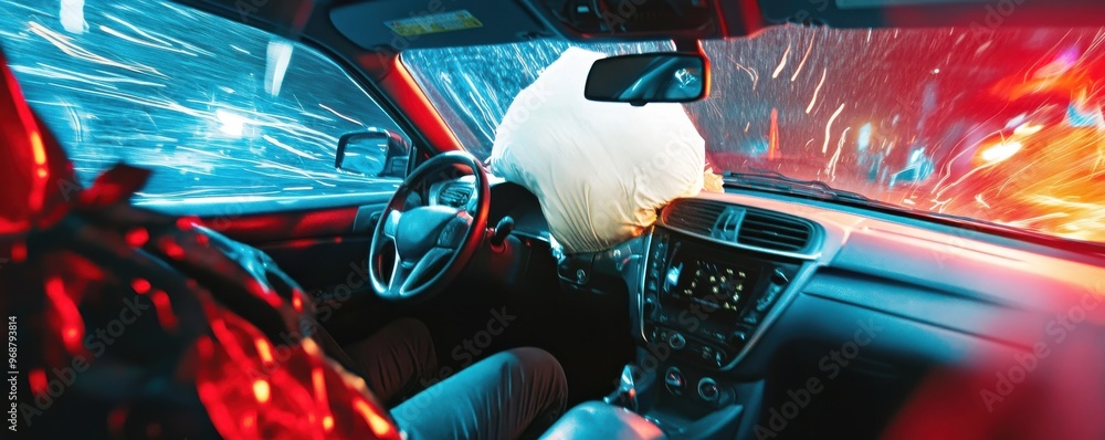 High-resolution image of a car interior with an airbag deployed in an ...