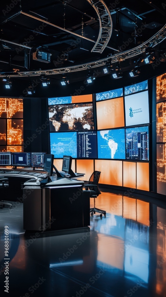 The broadcast studio features multiple monitors showing data ...