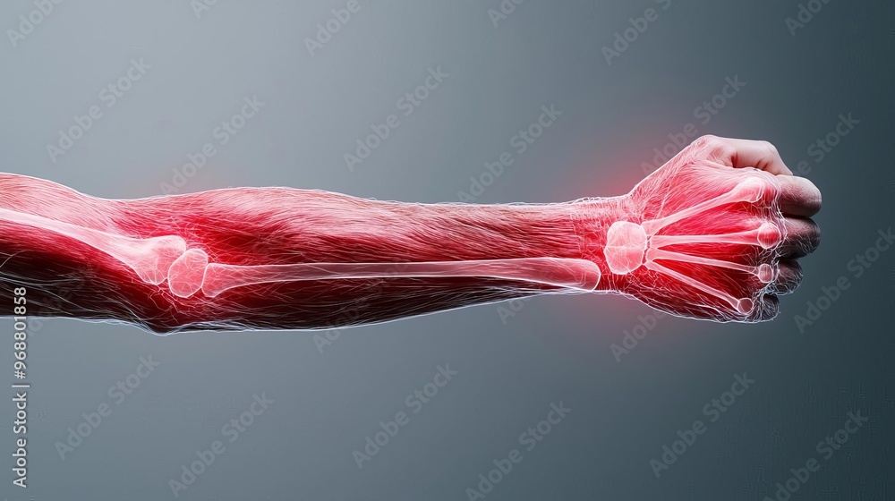 Human arm muscles contracting with sharp red pain indicators ...