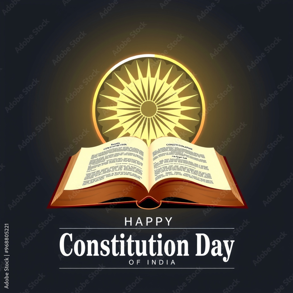 Glowing illustration for Constitution Day with an open book and Ashoka ...