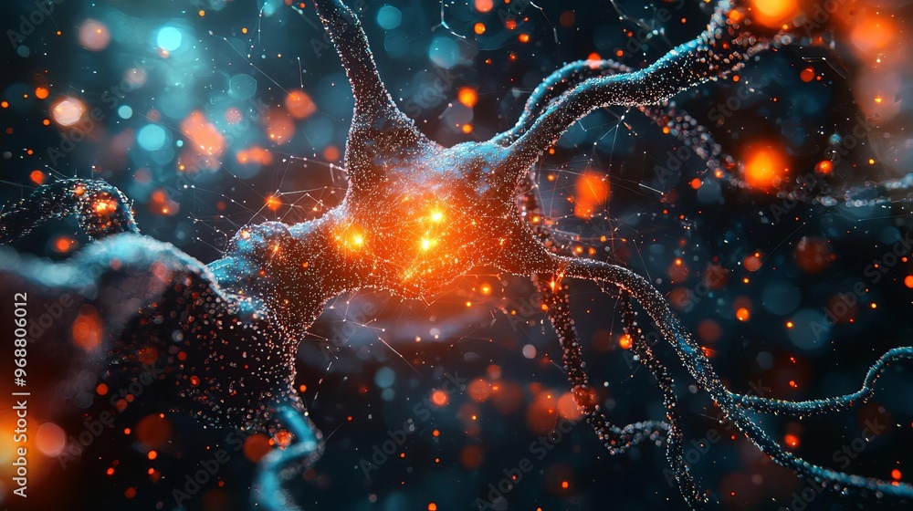 Neural network disintegrating into particles, symbolizing breakdown and ...