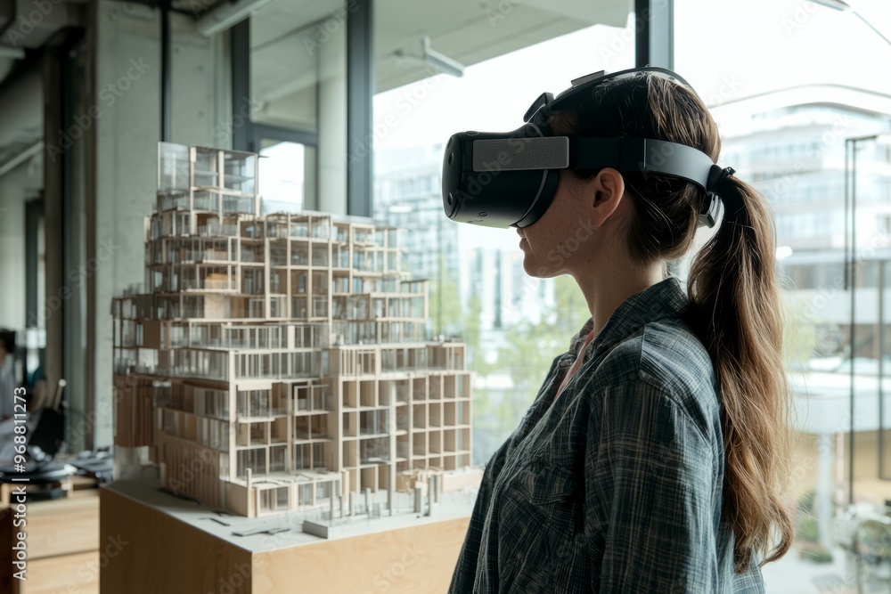Female architect using virtual reality to explore a digital building ...