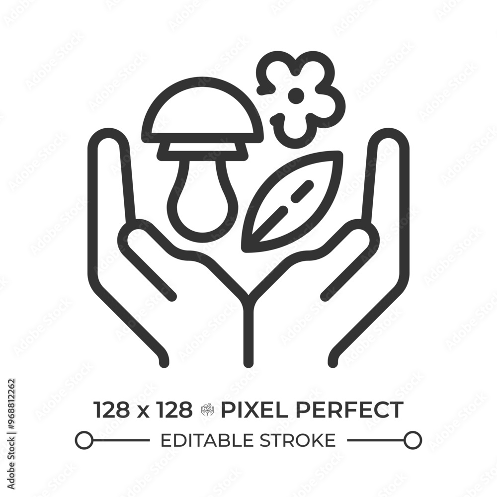 Forest foraging linear icon. Mushroom hunting, harvesting. Forest ...