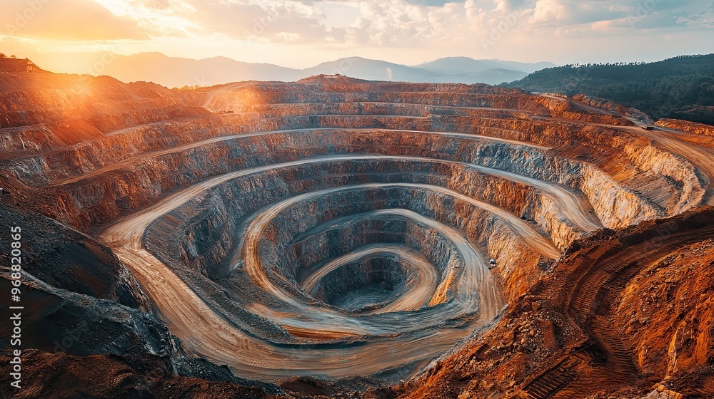 open-pit mine featuring terraced, winding pathways carved into the ...