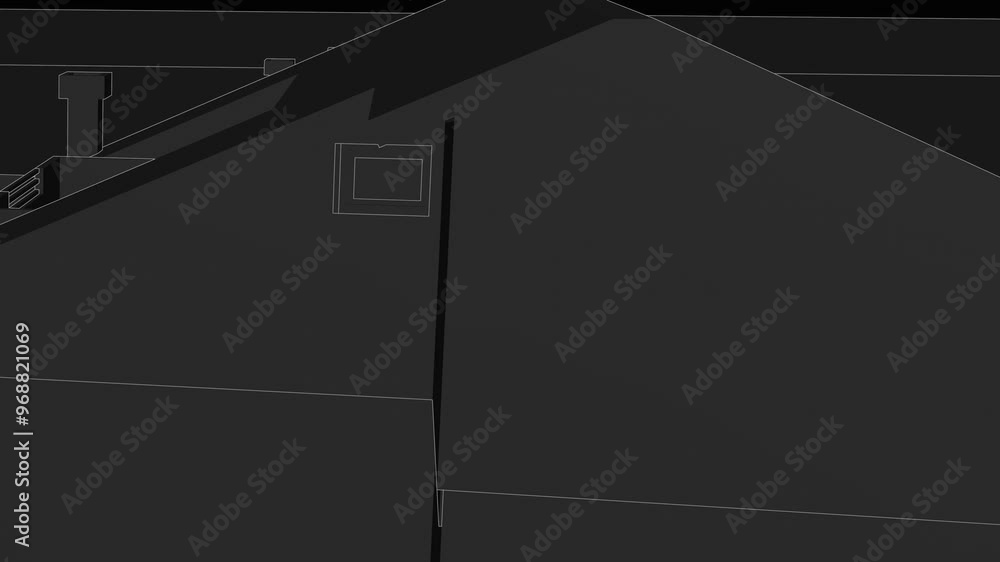 Generic Slopped roof Villa mansion Complex, Seamless Looped Rotating animation, black linework ...