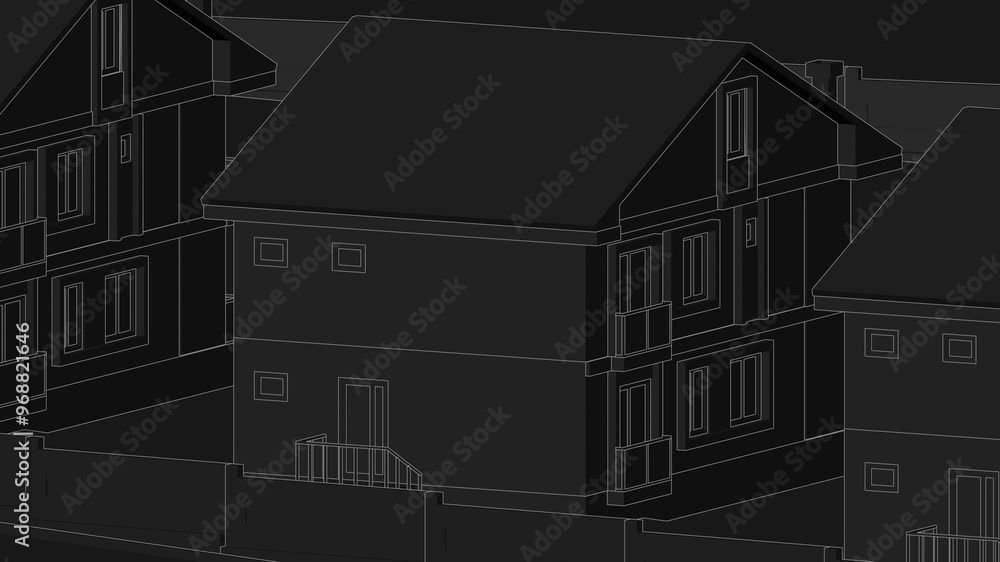 Generic Slopped roof Villa mansion Complex, Seamless Looped Rotating animation, black linework ...