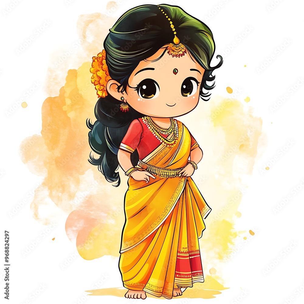 Cute Cartoon Illustration of a Young Indian Girl in a Traditional Sari ...