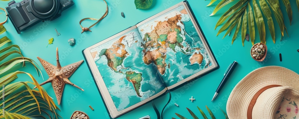 Explore the world with vibrant travel essentials, featuring a map ...