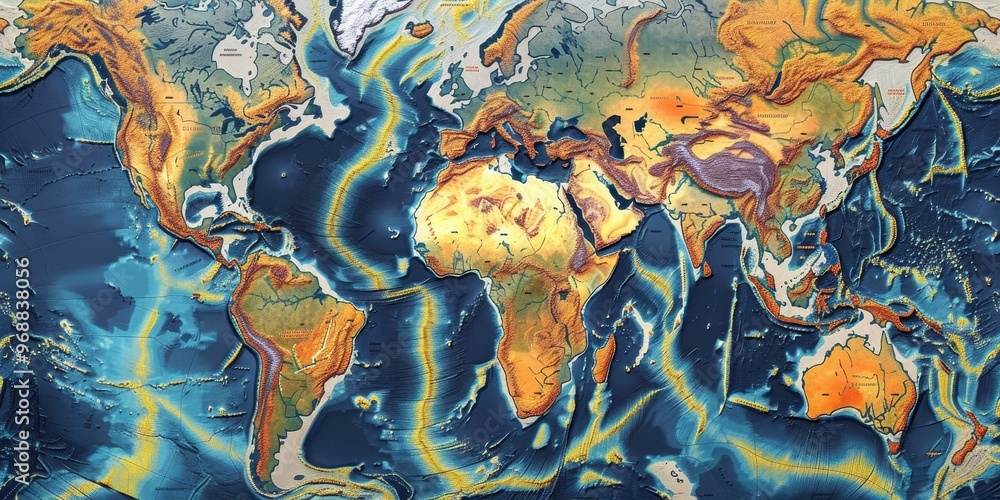 Detailed illustration of Earth's tectonic plates displayed on a world ...