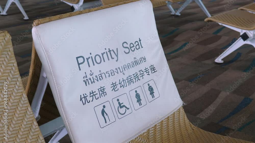 Priority seating area in airport with multilingual signage for ...
