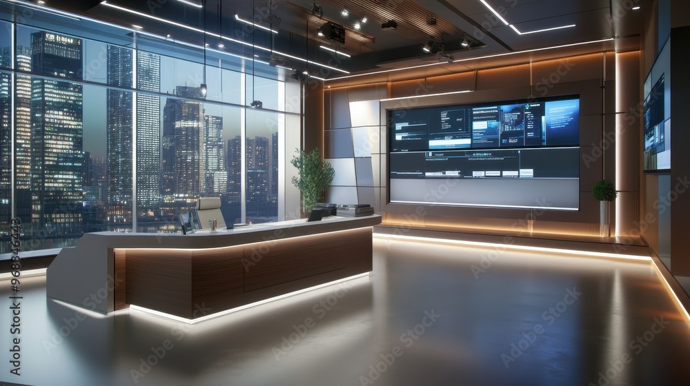 The contemporary news studio showcases a stylish desk and large screens ...