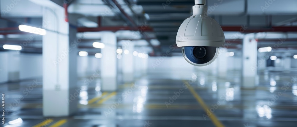 A surveillance camera hangs from the ceiling of a dimly lit, empty ...