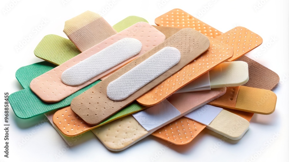 Adhesive bandages in various sizes and colors arrayed across a crisp ...
