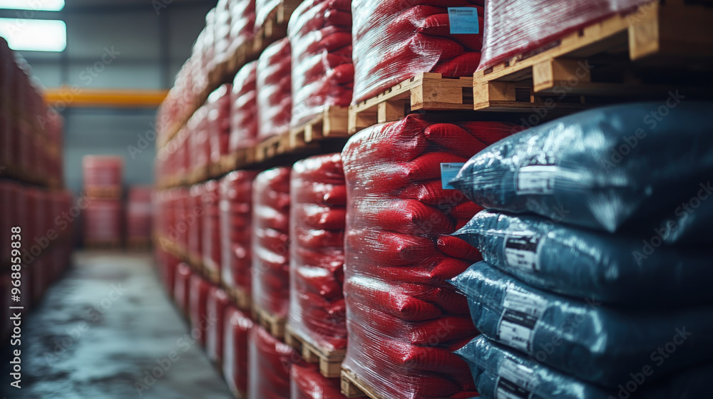 Pallets filled with various types of animal feed stacked in an indoor ...