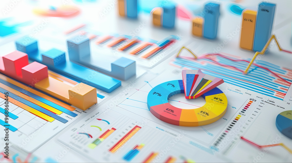 Colorful chart, charts, bar charts. Graph on the table. Pie chart ...
