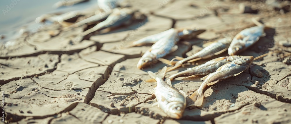 Dead fish lay on cracked, dry land, symbolizing the harsh reality of ...