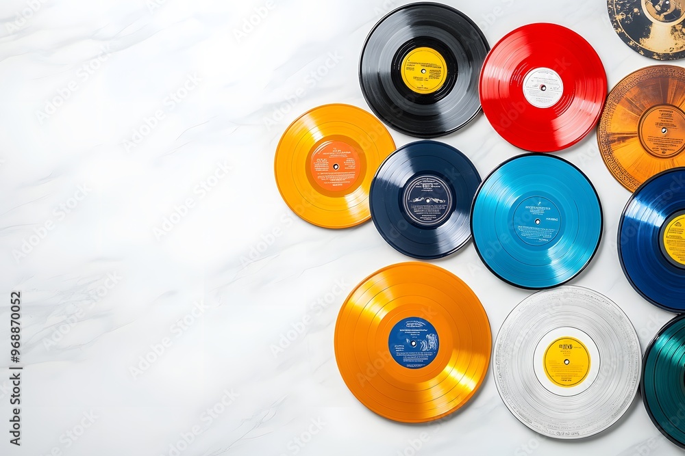 Colorful vinyl records arranged on a marble surface, perfect for music ...