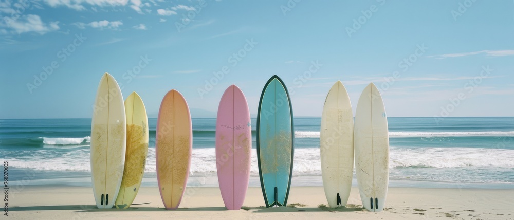 Seven vibrant surfboards stand aligned on the beach, facing the ocean ...