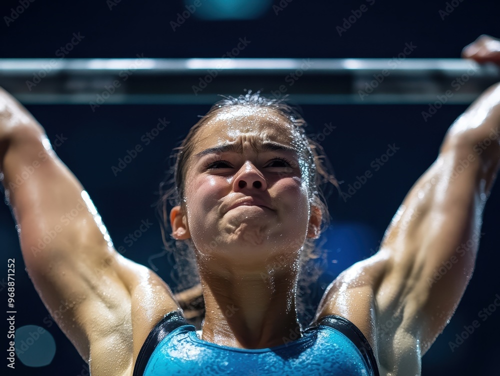 Intense Female Weightlifter in Action Lifting Barbell in Gym with ...