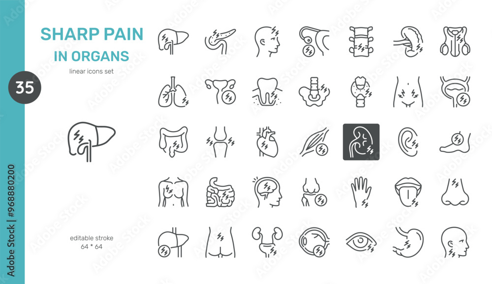Sharp Pain in Human Organs Icon Set. Includes Symbols of Pain in Liver ...