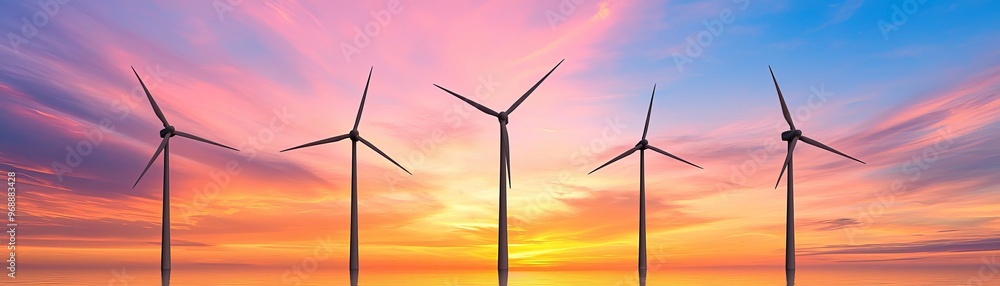 Wind turbines over water at sunset, reflection, pastel skies, peaceful ...
