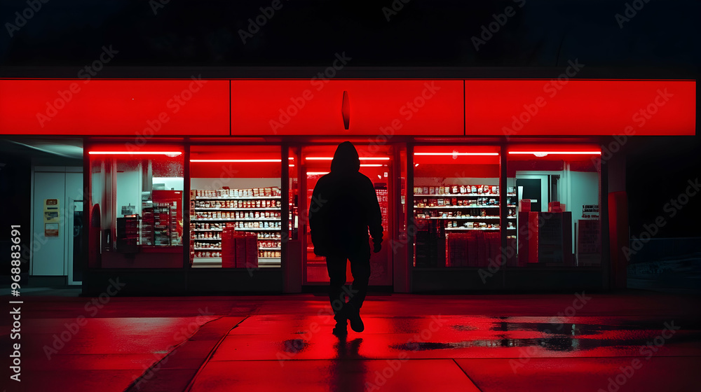Hooded individual leaving a convenience store at night under red ...