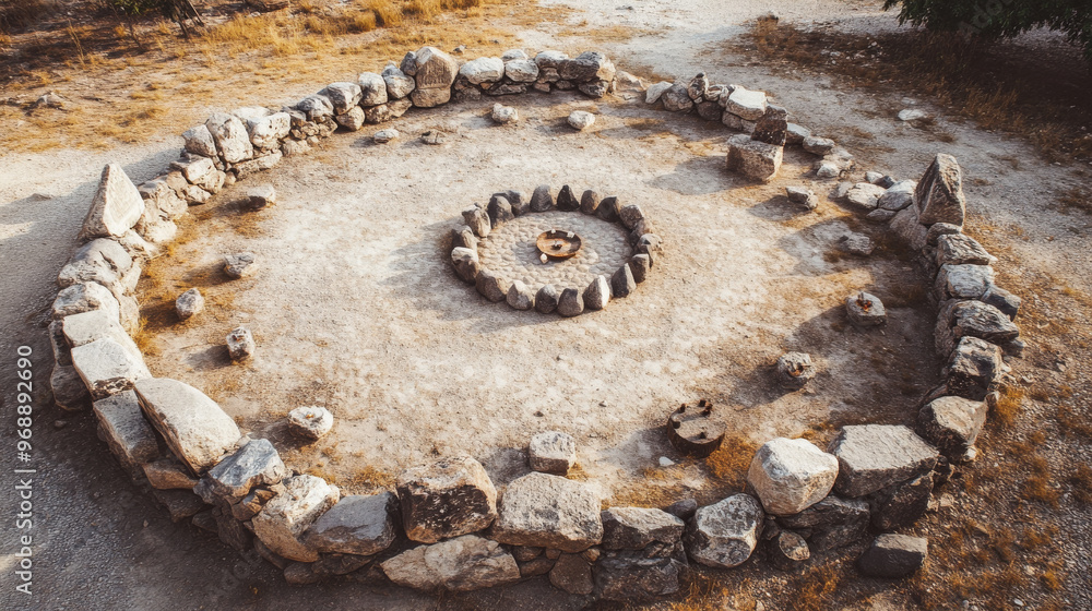 Sacred site of an indigenous religion, stone structures arranged in a ...