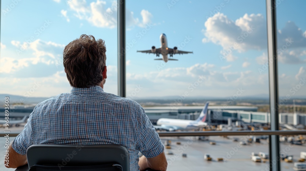A man sits by the airport window watching an airplane take off into the ...