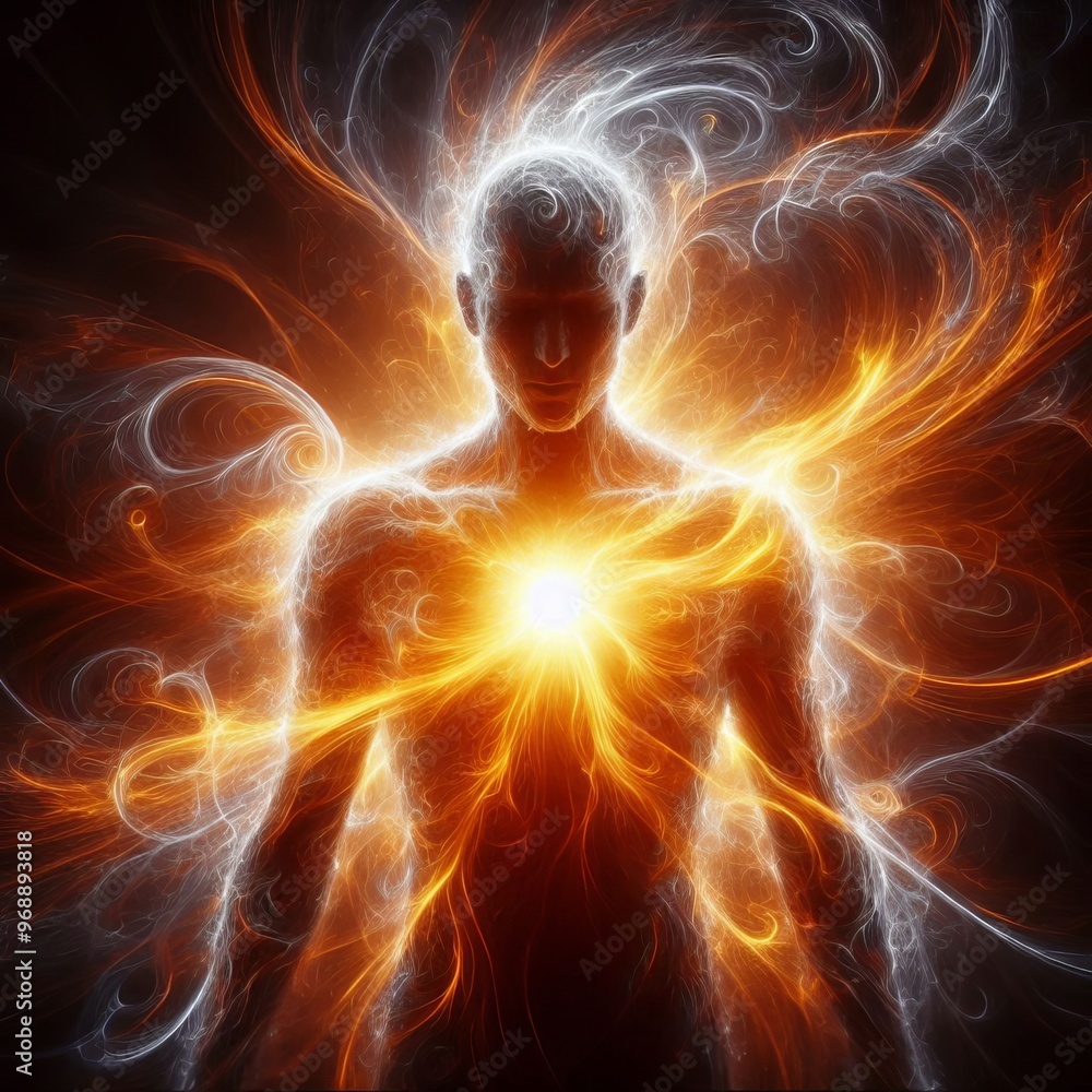 A digitally created image depicting a humanoid figure with a glowing ...