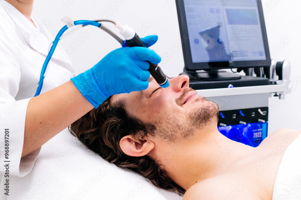 Man receiving a hydrafacial treatment in a modern cosmetic center ...