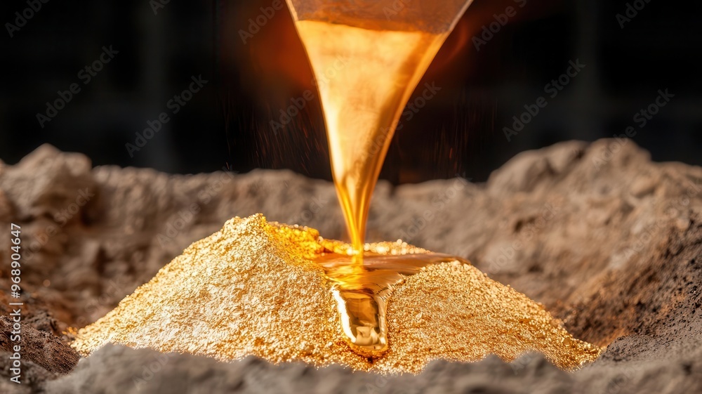 Smelting gold ore in a high-temperature furnace, molten gold flowing ...