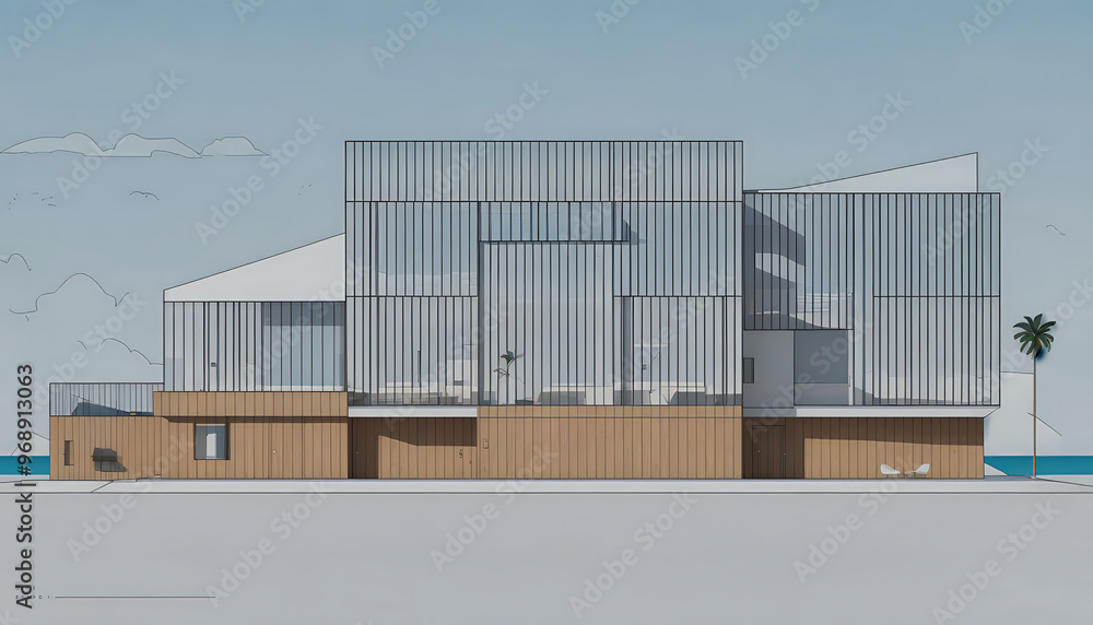 Illustrative frontal view of a new, modern and clearly architecturally ...