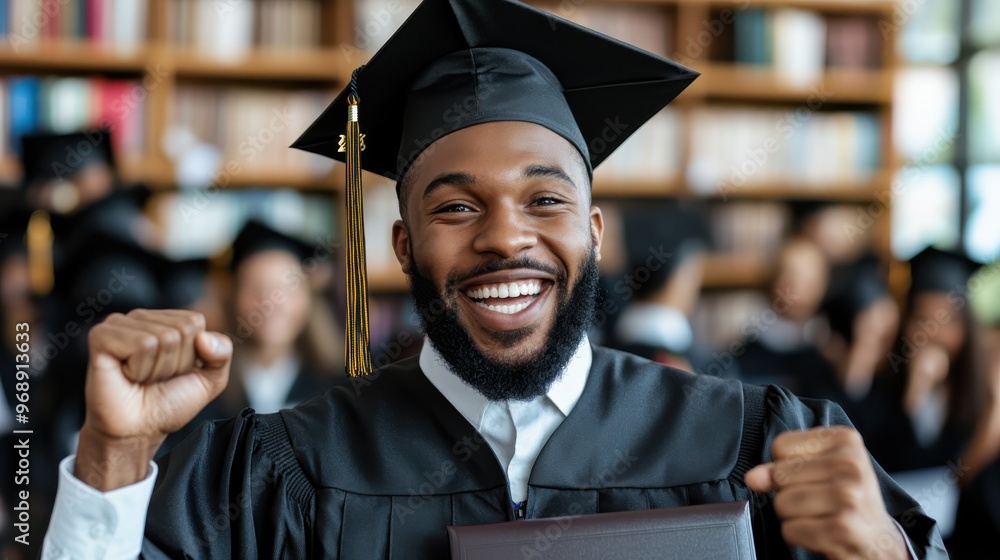 A joyful graduate in cap and gown, smiling and proudly holding his ...