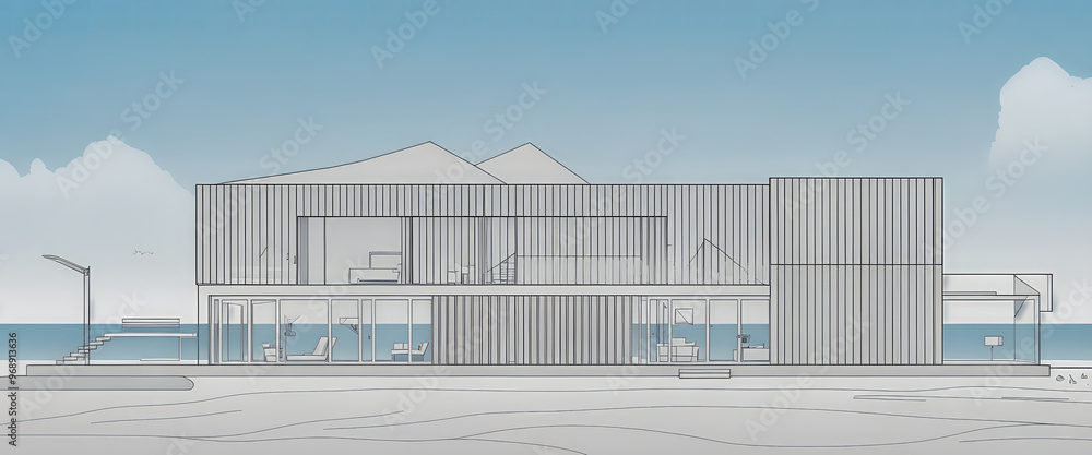 Illustrative frontal view of a new, modern and clearly architecturally ...