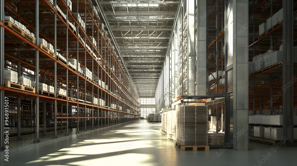 9. A warehouse with a high-density racking system and inventory being ...