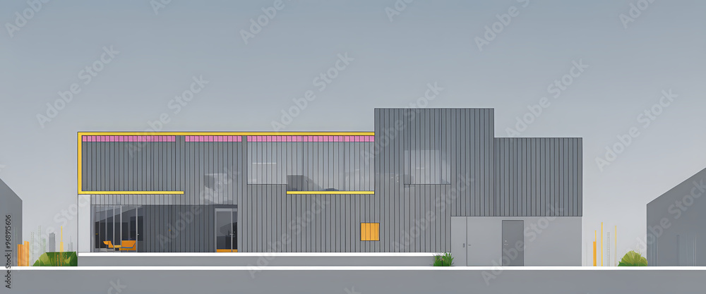 Illustrative frontal view of a new, modern and clearly architecturally ...